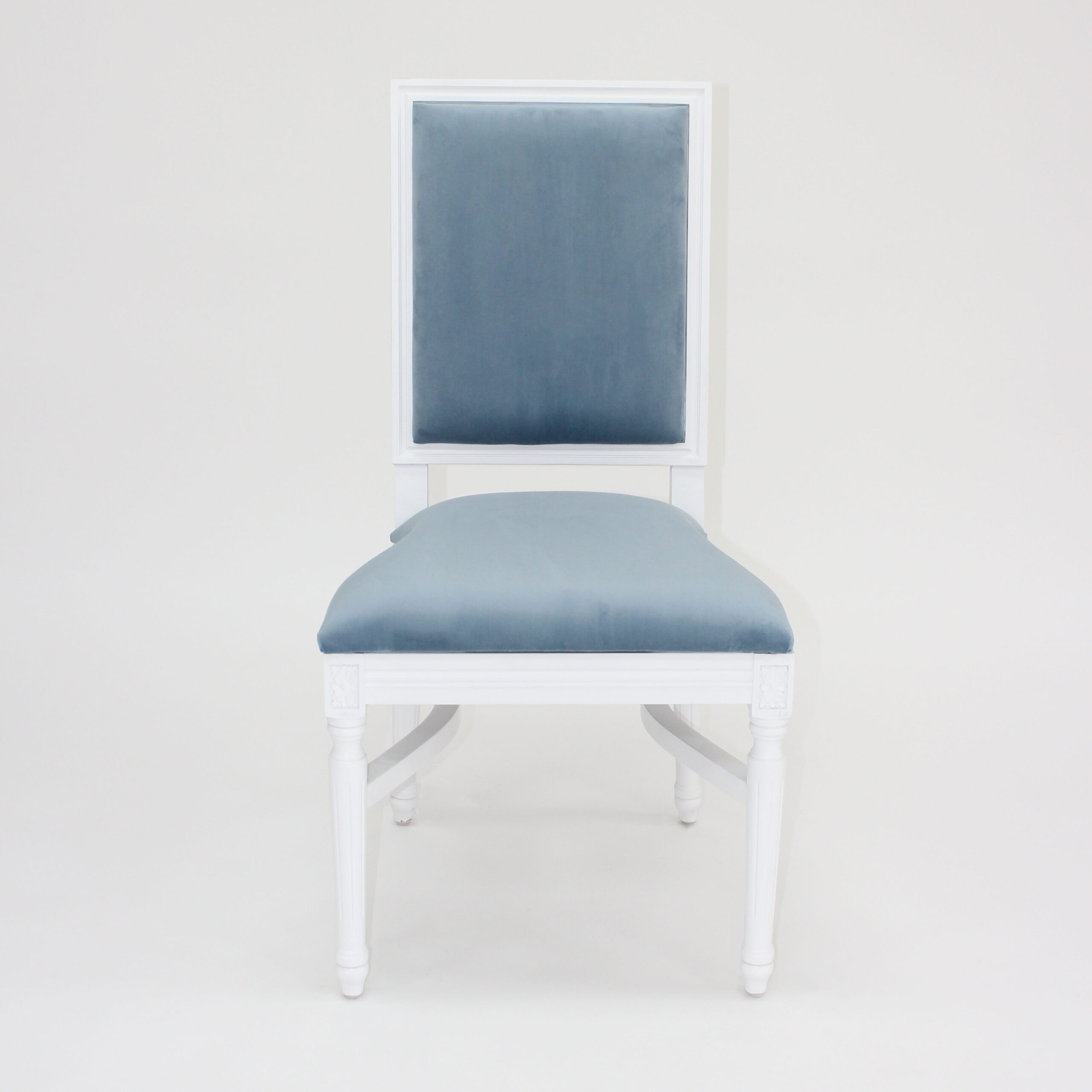 White Arthur Dining Chair with Dusty Blue Velvet Cushion - Perch Decor
